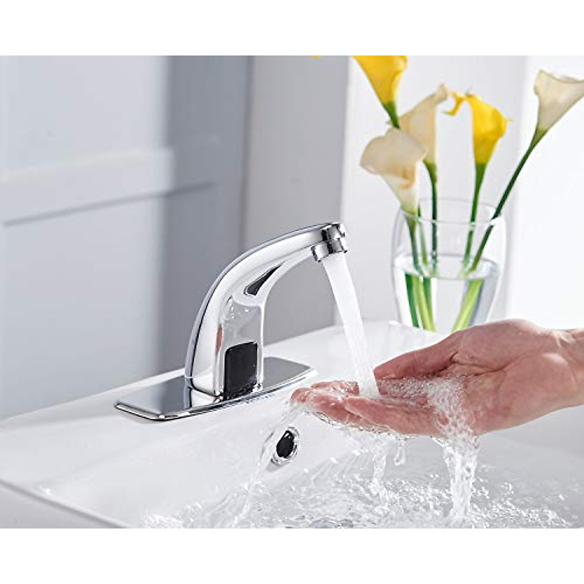 Greenspring Bathroom Sink Faucet Automatic Sensor Touchless with Hole Cover Plate Hands Chrome Vanity Modern Faucets Commercial with Control Box and Temperature Mixer
