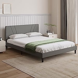 Novilla Full Size Bed Frame No Box Spring Needed with Adjustable Headboard Upholstered Platform Bed with Strong Wooden Slats, Easy Assembly, Light Grey