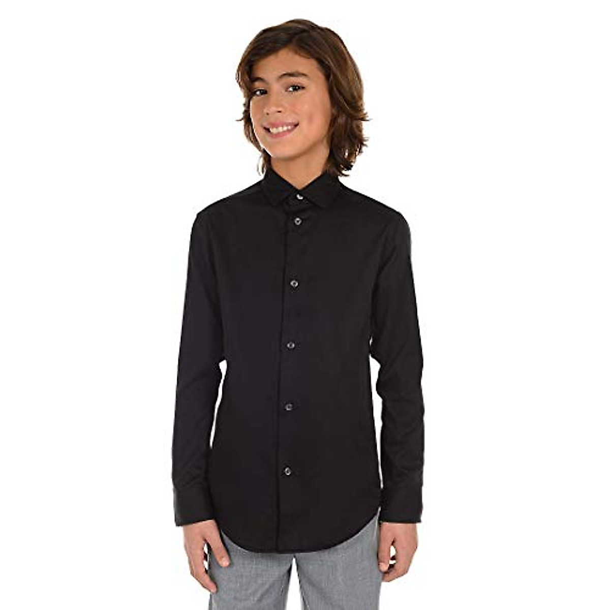 Calvin Klein Boys' Long Sleeve Sateen Dress Shirt, Button-down Style With Buttoned Cuffs & Shirttail Hem, Black, 20