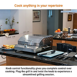 Kenyon G2 Portable Tabletop Electric Grill, 1440W Single Burner, Stainless Steel Body, Cast Aluminum Grate, UL Approved Grill For Indoor And Outdoor Use, Removable Lid, Dishwasher Safe, 120Volts