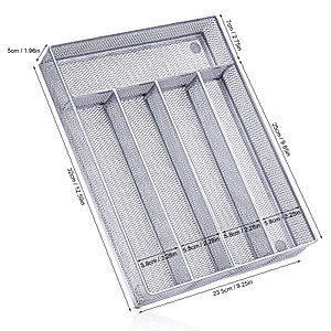 Flatware Organizers 5 Compartments, Metal Mesh Kitchen Utensil Drawer Cutlery Tray with 4 Foam Feet, Silver