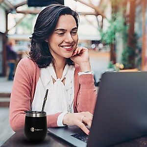 thebmate Classic Yerba Mate Set – Double Walled Stainless Steel Mate Cup – Mate Gourd with Spill Resistant Lid, Bombilla Straw and Cleaning Brush (8 oz) (Pure Black)