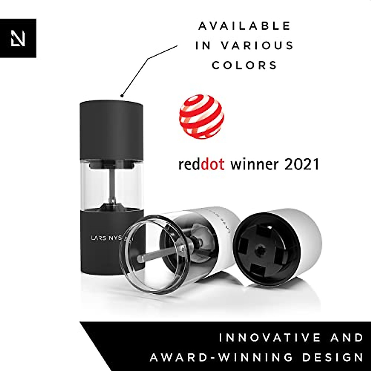 LARS NYSØM Salt and Pepper Grinder Set I Salt and Pepper Mills with Adjustable Ceramic Grinder 2 pieces I Manual Design Spice Grinder Set I Black/White