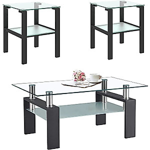 POULEII Living Room Table Set,3 Piece Glass Coffee and End Tables Set for Room,Coffee with Tempered Tabletop Metal Frame Apartment, Small Space Black