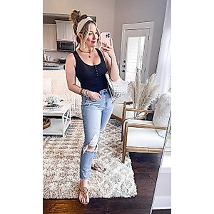 BTFBM Women's Summer Ribbed Tank Tops Crew Neck Button Down Slim Fit Basic Sleeveless Tunic Blouse Casual Henley Shirts(Sleeveless Black, Medium)