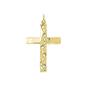 Lucchetta - Foot Prints in the Sand Yellow Gold Jesus Cross Pendant/Authentic Christian Jewelry from Italy/for Necklaces (up to 4mm)