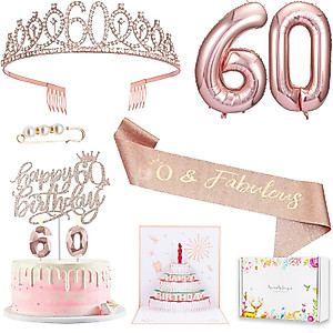 8pcs 60th Birthday Gifts Decorations for Women, Including 60th Happy Birthday Cake Toppers, Birthday Queen Sash with Pearl Pin, Sweet Rhinestone Tiara Crown, Number Candles and Balloons Set, Rose Gold