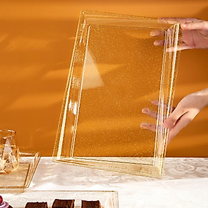 I00000 6 Pack Gold Glitter Plastic Serving Tray, 15" x 10" Crooked Food Trays, Clear Disposable Serving Platter for Parties, Weddings