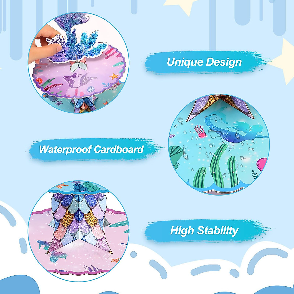 BACUTHY 2 Pack Mermaid Cupcake Stand Birthday Party Decorations, Under The Sea Supplies Favors with Mermaid Tail Toppers for Little Girl, Baby Shower