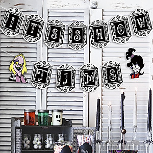 KARAQY It's Show Time Party Banner, Black and White Party Banner for Halloween Party Decorations Beetle Birthday Party Supplies