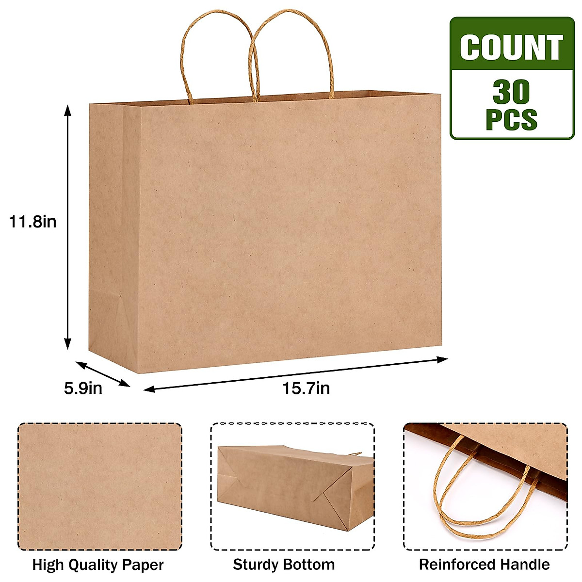 Moretoes Paper Bags with Handles, 16x6x12 Inch 30pcs Large Brown Gift Bags, Large Paper Bags, Shopping Bags for Small Business, Retail Stores, Gifts & Merchandise