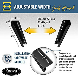 Koova Overhead Bin Rack for Four Bins | Overhead Garage Storage Rack to Mount on Ceiling with Adjustable Width | Supports Most Black and Yellow Storage Bins |4 Sets