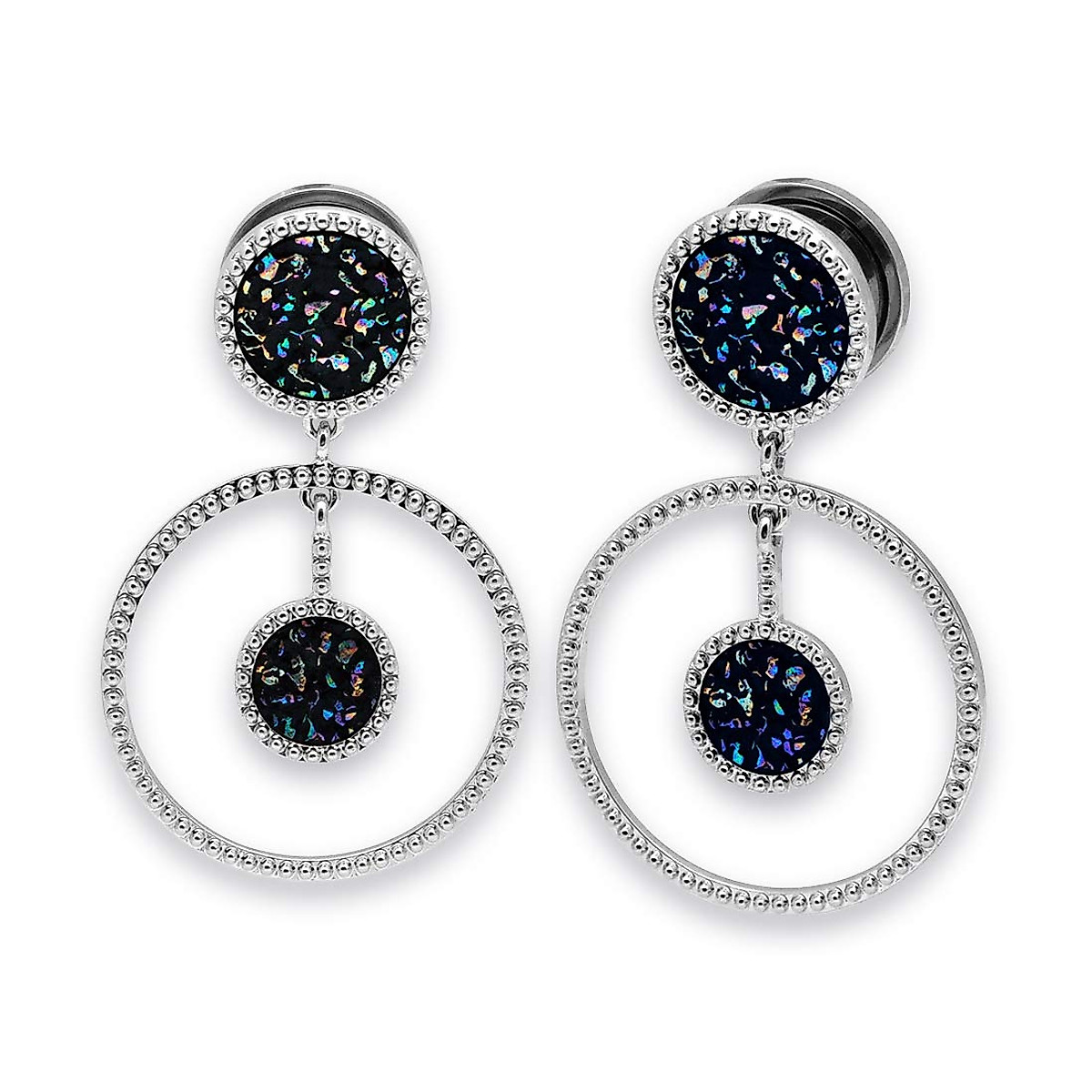Mystic Metals Body Jewelry Pair of 316L Steel Screw on Plugs with Round Druzy Dangle (PS-260) (1/2" (12mm))