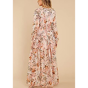Women's Long Sleeve Floral Maxi Dress V Neck Casual Long Dresses Cocktail Beach Party Maxi Dress Pink