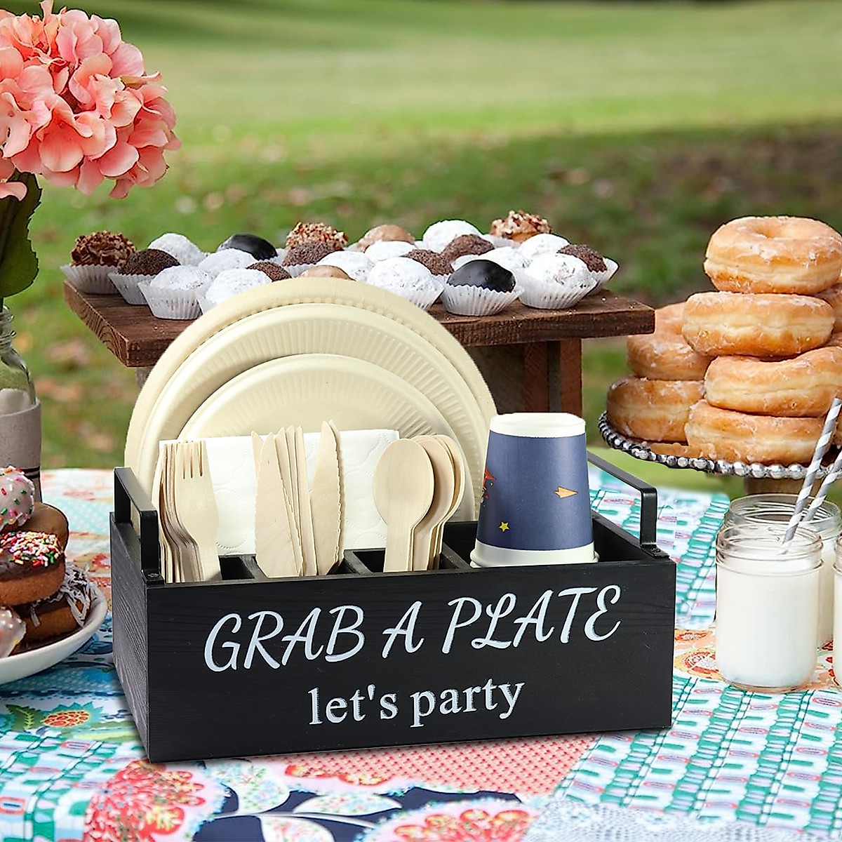 Paper Plate Holder, Utensil Caddy Organizer, Wood Paper Plate Dispenser, Silverware Caddy Holder, and Disposable Coffee Bar Accessories Box for Kitchen Counter, Party, Camping, Picnic (6 compartment)