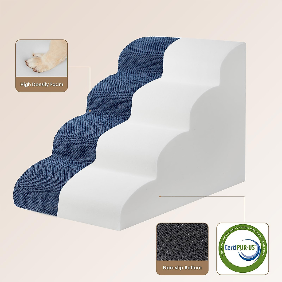 EHEYCIGA Curved Dog Stairs Ramp for High Beds 19.7" H, 4-Step Dog Steps for Small Dogs and Cats, Pet Stairs for High Bed Climbing, Non-Slip Balanced Pet Step Indoor, Navy