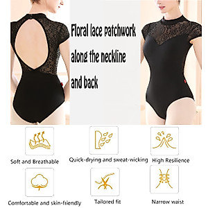 UTOWO Ballet Leotards for Women Black-Lace Short-Sleeve Dance Gymnastics Yoga Leotards with Elegant Swan collar (Small, Black)