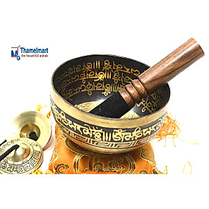 8" Healing Meditation Mantra Carved Singing Bowl, Etching Tibetan Art, Hand Hammered Singing Bowls with Silk Cushion, Gong & Mallet Striker