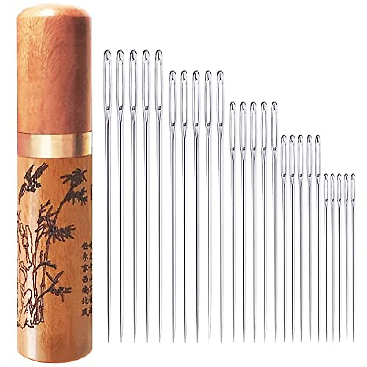 Large Eye Sewing Needles, Embroidery Needles, Stainless Steel, 25 Pieces Sharp Needles with Wooden Needle Case Carving Pattern