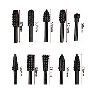 ASNOMY 10PCS Woodworking Twist Drill Bits, Wood Carving File Rasp Drill Bits 6.3mm(1/4") Shank Electrical Tools Woodworking Rasp Chisel Shaped Rotating Embossed Grinding Head with Storage Bag