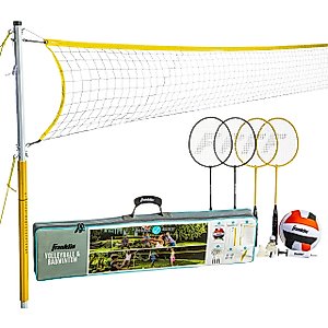 Franklin Sports Family Volleyball & Badminton Combo Set - Portable Backyard + Beach Volleyball + Badminton Net - Volleyball, Rackets & Birdie Included - Family