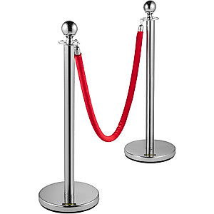 BestEquip 38 Inch Stanchion Posts Queue, Red Velvet Rope (3, Silver)