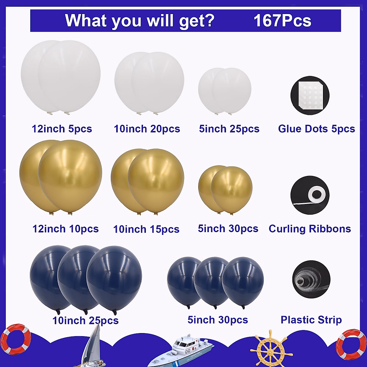 Navy Blue and Gold Balloons Garland Kit, 167 pcs Navy Blue White Gold Balloons Arch Kit for Birthday Baby Shower Wedding Graduation Class of 2024 Prom Party Decorations