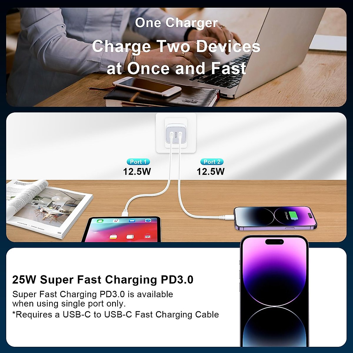 25W USB C Fast Charger Block, Type C Wall Charger Plug Dual PD Power Adapter C Charger Cube Box for Samsung Galaxy A15 S24 Ultra S23 FE A14 A54 A03s S22 S21 S20,iPhone 15 14 13 12 11 SE,Pixel 8 Pro 7a