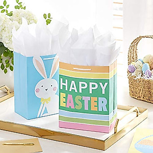 Hallmark 11" Large Easter Gift Bags (3-Pack: Easter Basket, Bunny, "Happy Easter" Stripes) in Yellow, Blue, Green