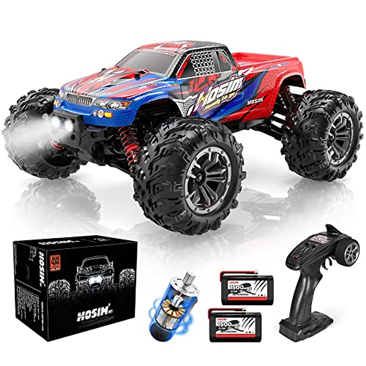 Hosim RC 4x4 Off Road Cars with 2 Batteries 1:16 All Terrain RC Monster Truck 40+ km/h Fast Buggy Remote Control Car for Adults and Children (Red)