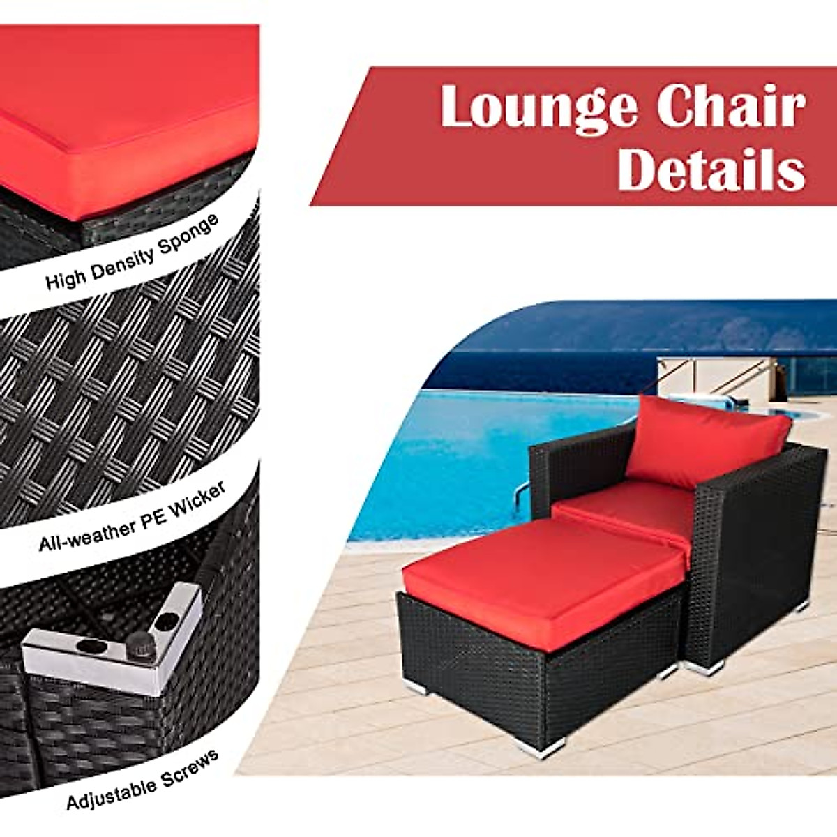 kinbor Patio Furniture Set, PE Rattan Chair with Ottoman and Cushions for Outdoor Balcony Porch Deck