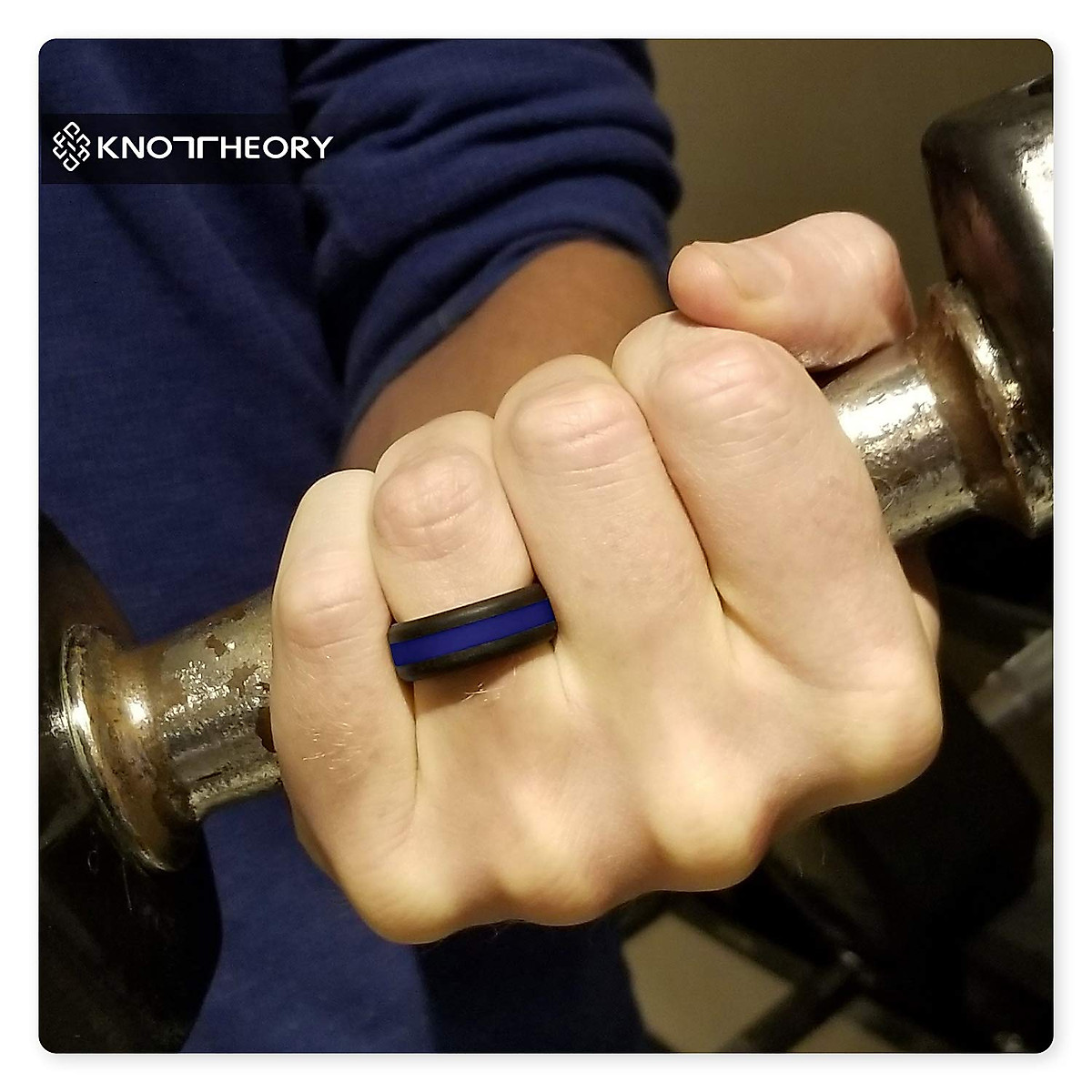 Knot Theory Blue Striped Silicone Ring for Men Women - Thin Blue Line Police 8mm Wedding Band Size 10