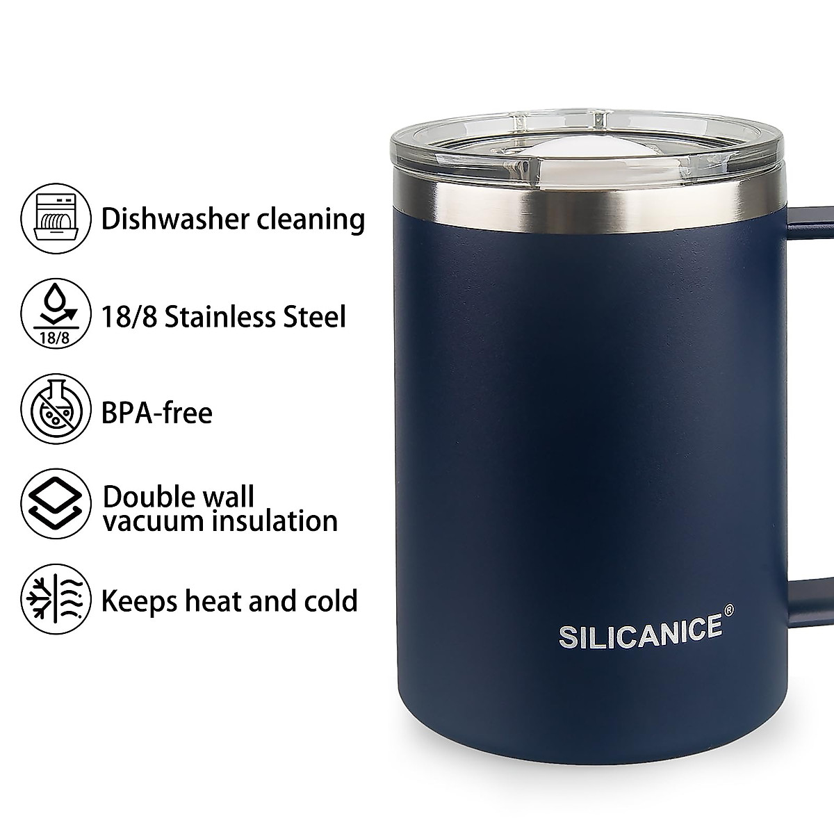 SILICANICE 14 oz Stainless Steel Vacuum Insulated Tumbler with handle & MacSlider Lid, Dishwasher Safe & Spill Proof Coffee Cup, Travel Mug for Hot/Cold Drinks, Durable Design - Navy