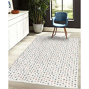 Ambesonne Nautical Decorative Area Rug, Marine Elements Featured Life Anchor Compass Sea Waves Theme, Quality Carpet for Bedroom Dorm Living Room, 4' X 5' 5", Blue and Red