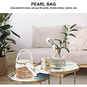 IMIKEYA Wicker Storage Basket Rattan Handbags Straw Flower Girl Basket Rustic Wedding Ring Bearer with Pearl Handle Summer Beach Tote Bag for Summer Photo Prop Wicker Hamper