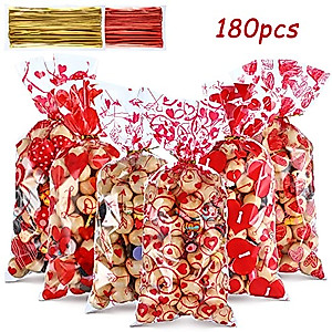 Blulu 180 Pieces Valentines Treat Favor Bags Cellophane Plastic Clear Candy Goodie Gift Bags with 200 Pieces Gold and Red Twist Ties for Valentine's Day Party Decorations, 6 Assorted Styles