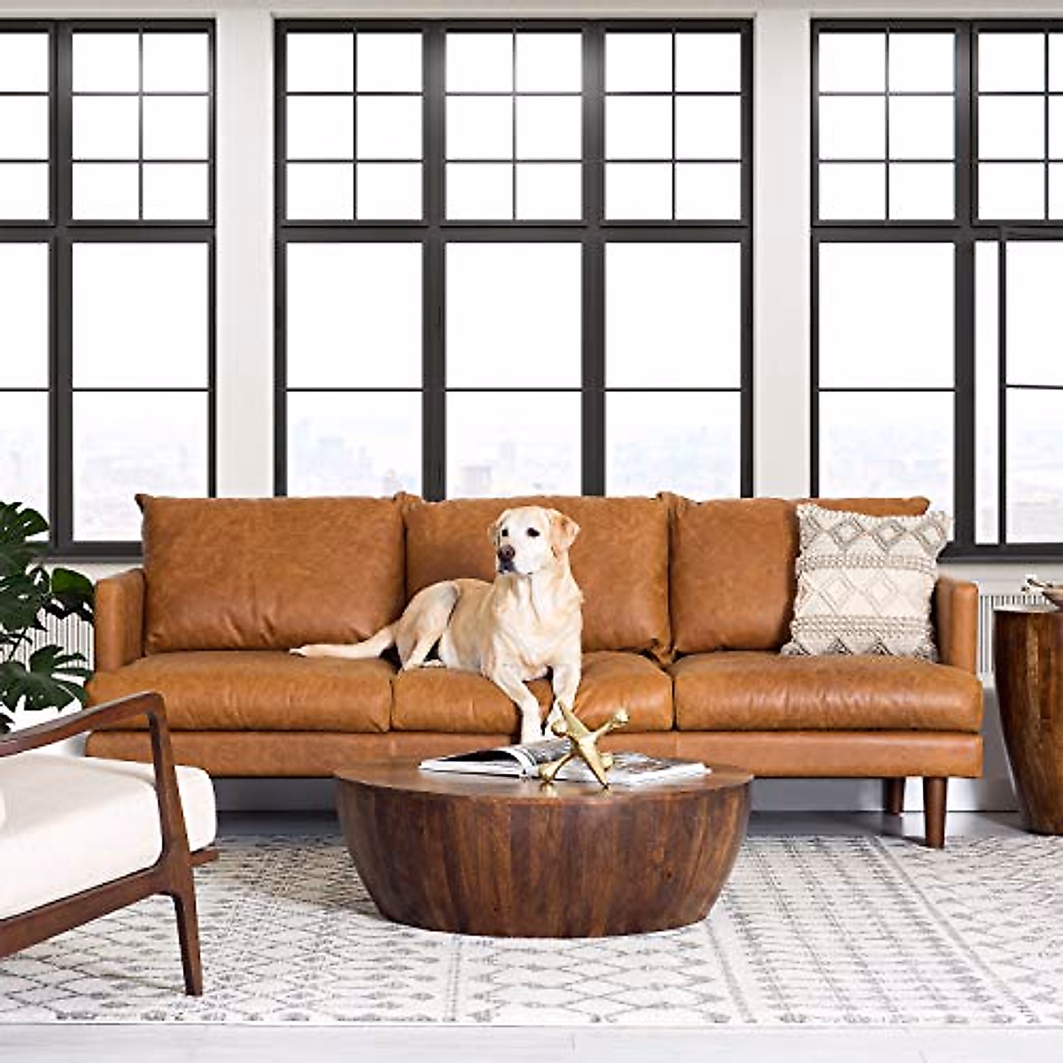 POLY & BARK Girona Leather Couch – 88-Inch Leather Sofa with Tufted Back - Full Grain Leather Couch with Feather-Down Topper On Seating Surfaces – Pure-Aniline Italian Leather – Cognac Tan
