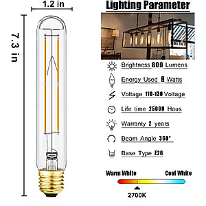 Leools Dimmable E26 Light Bulb 8W Equal 75 watt led Light Bulb Warm White 2700K AC120V Edison Light Bulbs 75 Watt 800LM Clear T10 led Bulb for Rustic Pendant,Industrial Pipe,Wall sconces,4Pack