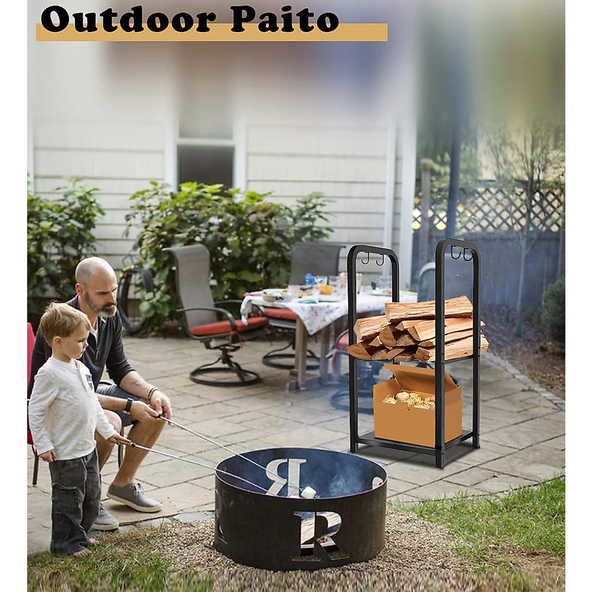 Artibear Small Firewood Rack Holder for Indoor Fireplace, 2-Tier Fire Wood Log Storage Stacker Stand for Outdoor Patio, Black