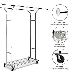 Simple Trending Double Rail Clothing Garment Rack, Heavy Duty Commercial Grade Rolling Clothes Organizer with Wheels and Bottom Shelves, Holds up to 250 lbs, Chrome