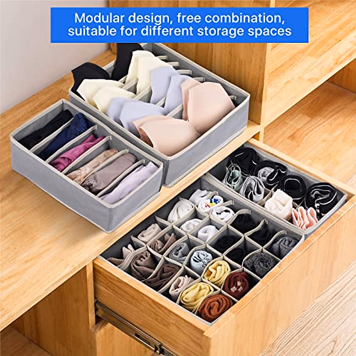 CozyCat Underwear Drawer Organizer Dividers for Bra and Socks 4-pack, Foldable Underware Drawer Organizers, Clothing Storage Boxes, Suit for Lingerie, Bras, Socks, Ties. (6+7+8+24 cell), Gery