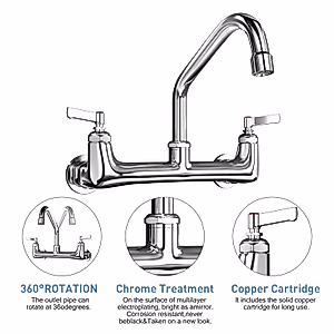 CWM Wall Mount Commercial Sink Faucet 8 Inches Commercial Faucet with 14 Inches Spout