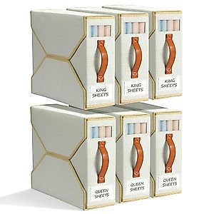 Yecaye 6 Pack Sheet Organizers and Storage, Bed Sheet Organizer for Linen Closet, Foldable Sheet Set Organizer with Clear Window and Label (Queen & King Size), Bedding Storage Box Container, Beige