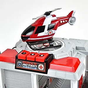 Fire and Rescue Garage Lights and Sounds Toy Set for Kids | Working Intercom with Open and Close Parking Garage and Vehicle Lift | Playset Includes Helicopter and Fire Truck with Friction Motor