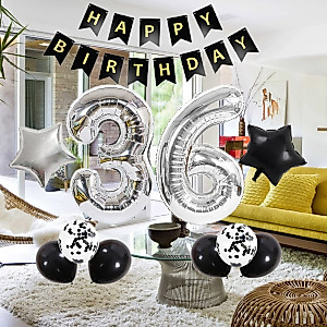 QWEQWE 36th Birthday Decoration Balloons, Birthday Decoration 36 Year Men Boy Silver Black, 36th Birthday Decoration Balloon 36th Birthday Party Decoration, 36th Birthday Happy Birthday Banner