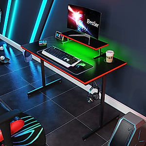 Bestier Gaming Desk with LED Lights 44" Small Computer Desk for Home Office Table with Cup Holder and 2 Headphone Hooks, Black