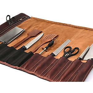 Leather Knife Roll Storage Bag, Elastic and Expandable 10 Pockets, Adjustable/Detachable Shoulder Strap, Travel-Friendly Chef Knife Case (Leather - Light Brown)