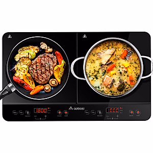 Aobosi Double Induction Cooktop Burner with 240 Mins Timer, 1800w 2 Induction Burner with 10 Temperature 9 Power Settings, Portable Induction Cooktop with Touch Sensor Control & Child Safety Lock