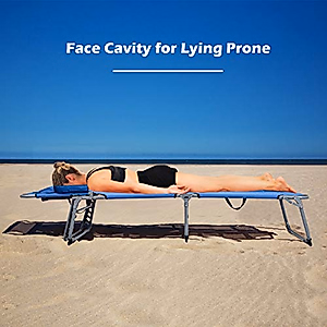 GYMAX Tanning Chair, Beach Lounge Chair with Face Hole, 5 Level Adjustable Backrest, Removable Pillow & Carry Handle, Adult Layout Sunbathing Chair for Outside Beach Poolside Lawn Patio (1, Blue)