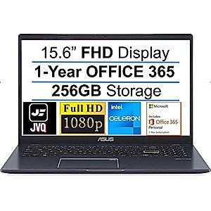 ASUS Newst Vivobook L510 Laptop, 15.6" FHD Display, Intel Celeron N4020(up to 2.8GHz), 4GB RAM, 256GB Storage, 1-Year Office 365, Backlit Keyboard, HDMI, USB-C, WiFi, Webcam, Windows, JVQ MP